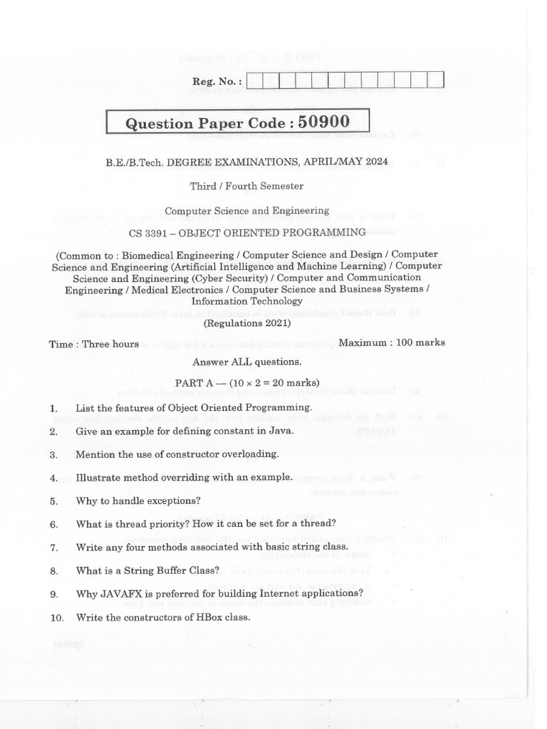 Object Oriented Programming Cs3391 2021 Regulation Question Paper 2024 April May Pdf