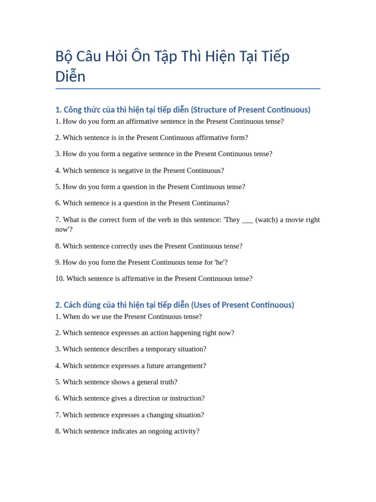 Present Continuous Exercises | PDF | Verb | Grammar