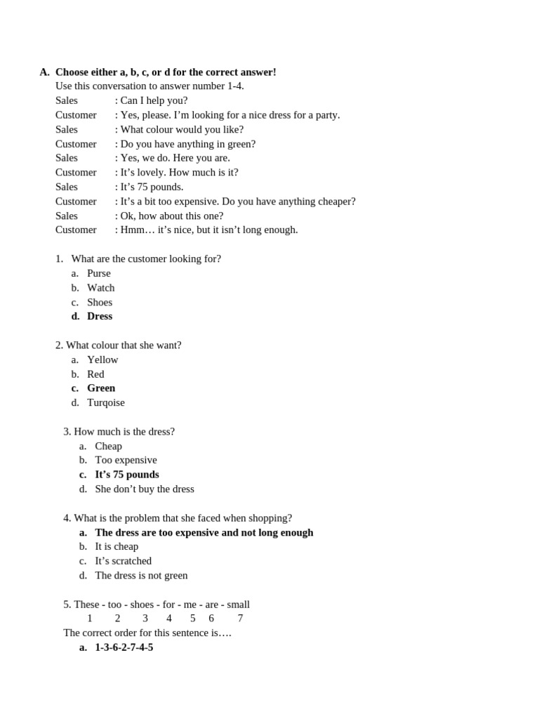 Customer Shopping Conversation Quiz | PDF | Spaghetti | Sauce