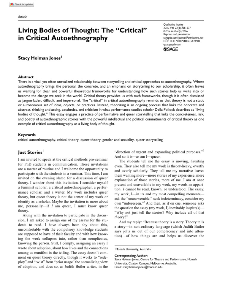 Holman Jones 2016 Living Bodies of Thought The Critical in Critical Autoethnography | PDF ...