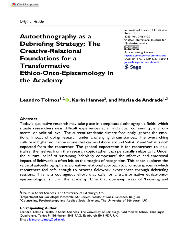 Tolmos Et Al 2023 Autoethnography As A Debriefing Strategy The Creative ...