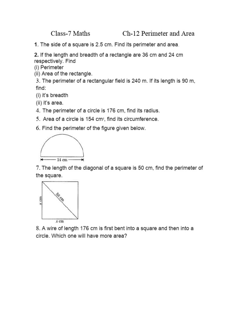 Class 7 Worksheet Perimeter and Area | PDF