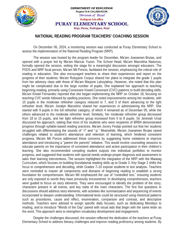 National Reading Program Teachers' Coaching Session | PDF | Reading ...