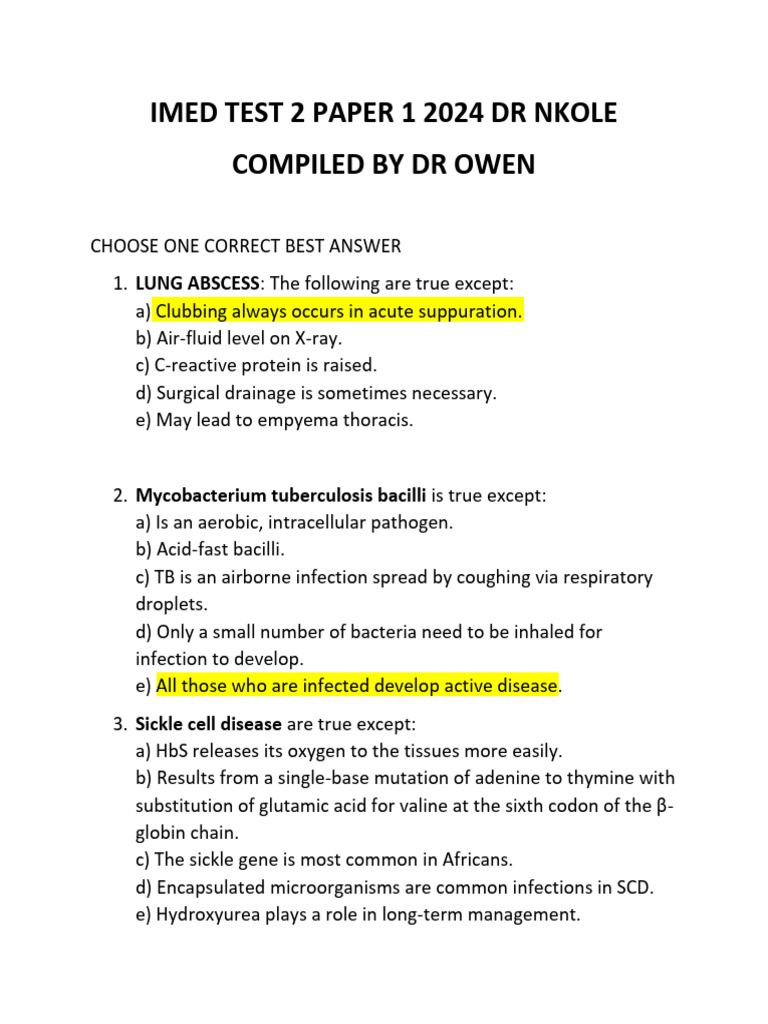 IMED Test 2 Paper 1 2024 Review | PDF | Thrombosis | Heart