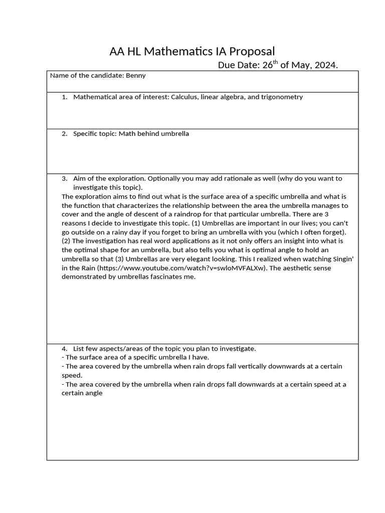 AA HL Mathematics IA Proposal | PDF | Mathematics | Area