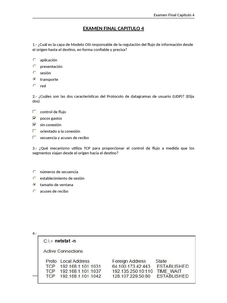 Examen Final Capitulo 4 | PDF | Protocolo de Control de Transmisión | Protocolos de comunicaciones