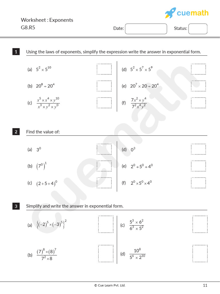 Class 8 Maths Worksheets Exponents and Powers | PDF