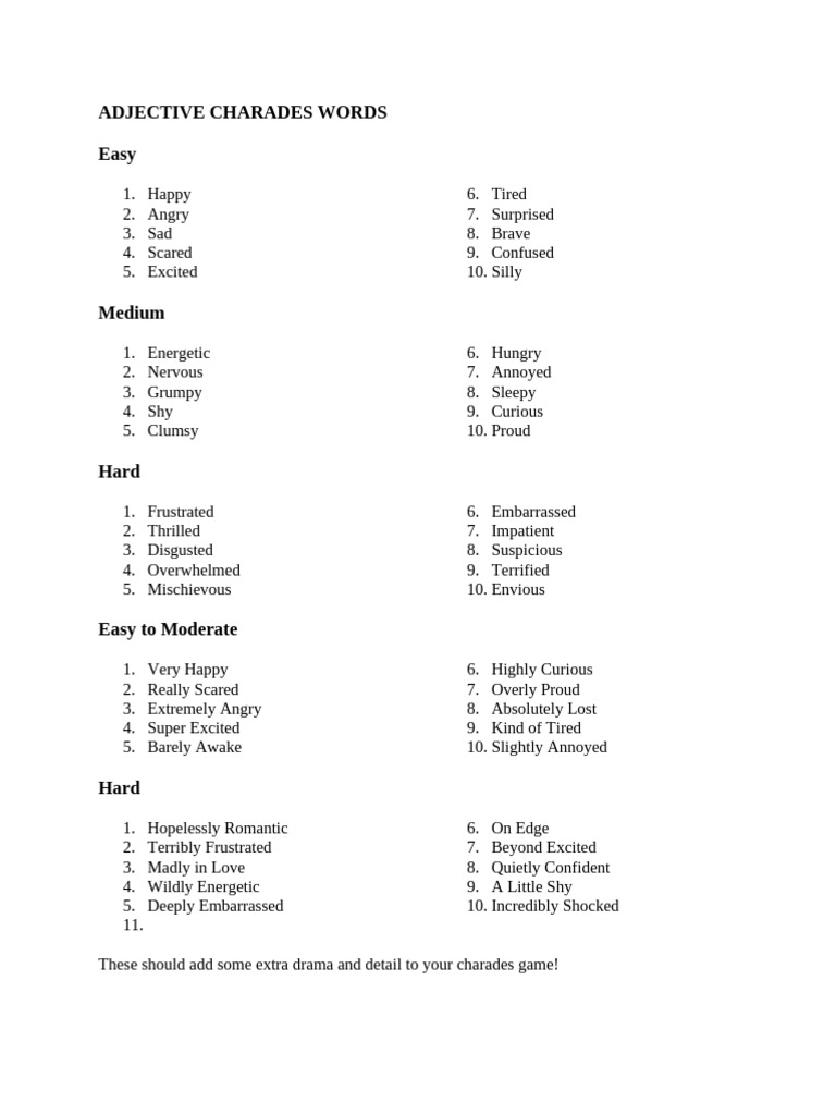 Adjective Charades Words | PDF