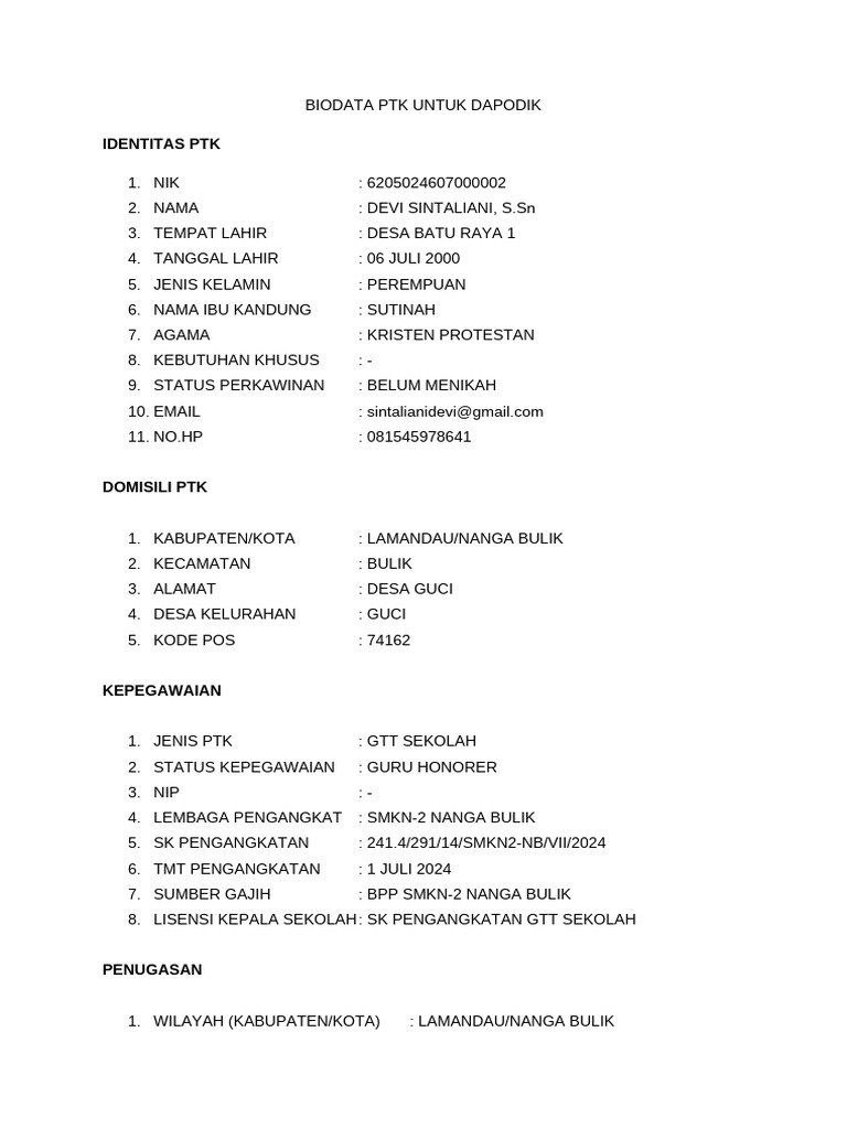 Biodata Devi Sintaliani | PDF