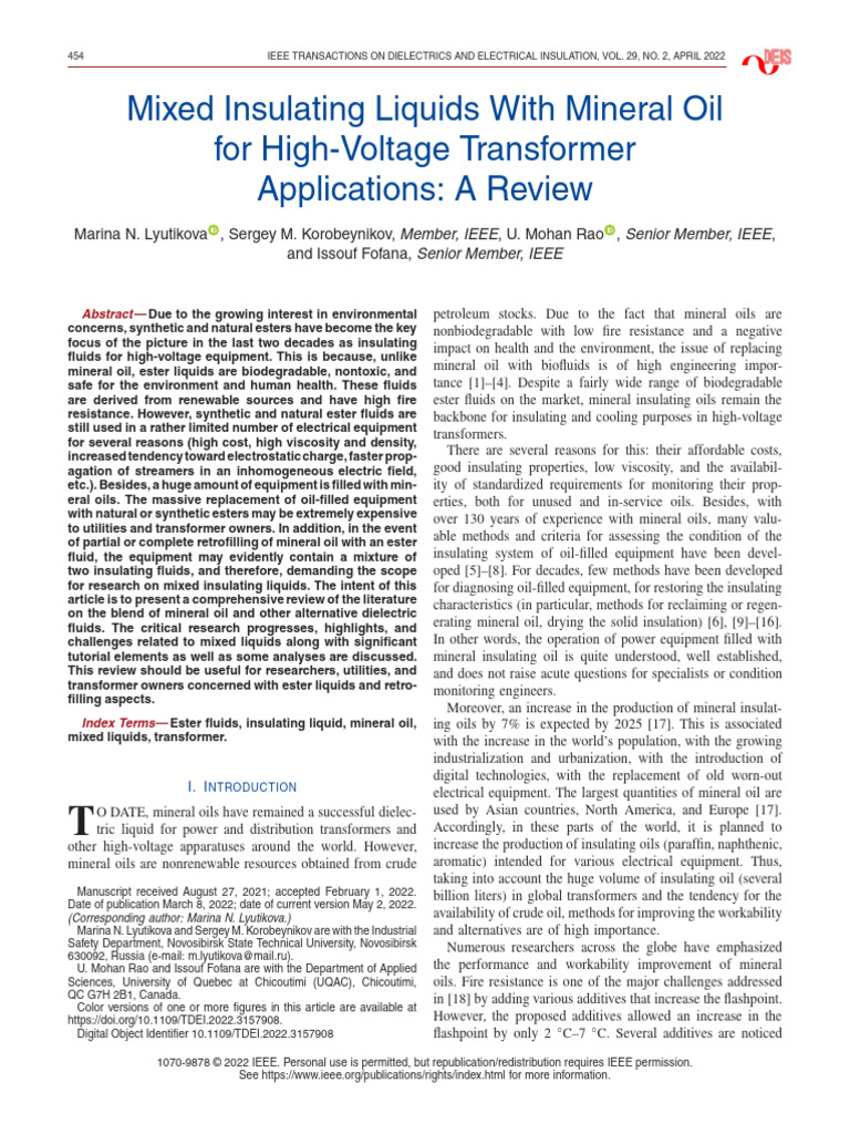 Mixed Insulating Liquids With Mineral Oil For High-Voltage Transformer ...