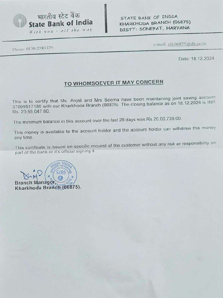 Bank Balance Certificate Anjali | PDF