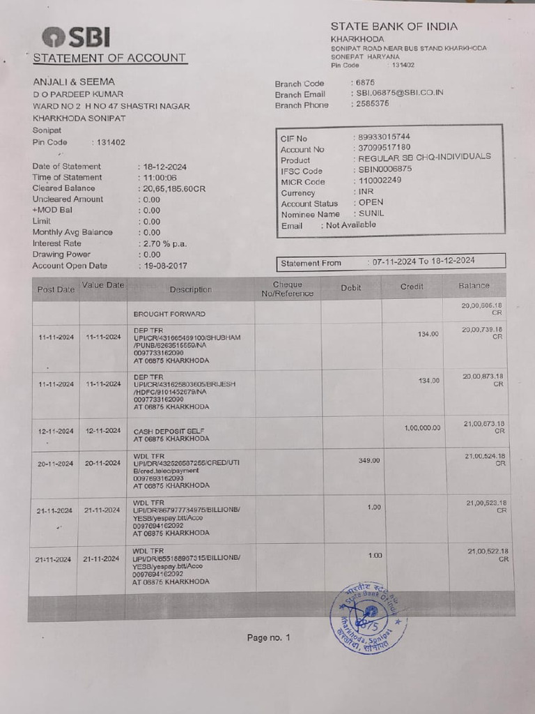 Bank Statement Anjali | PDF