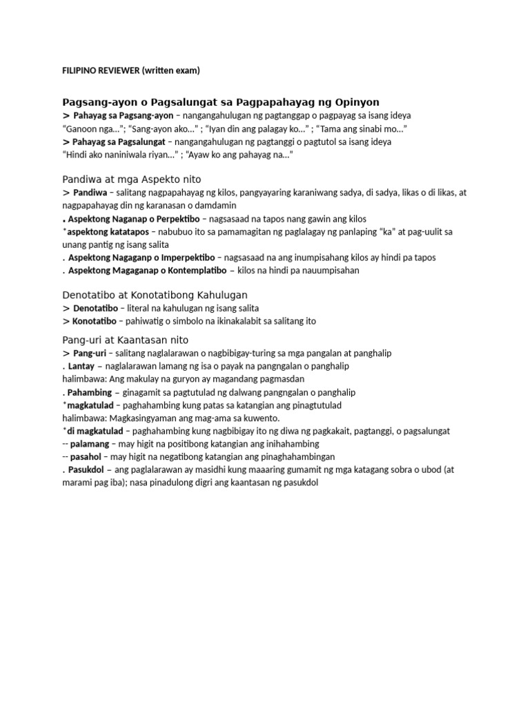 FILIPINO REVIEWER (2nd Quarter - Written Exam) | PDF