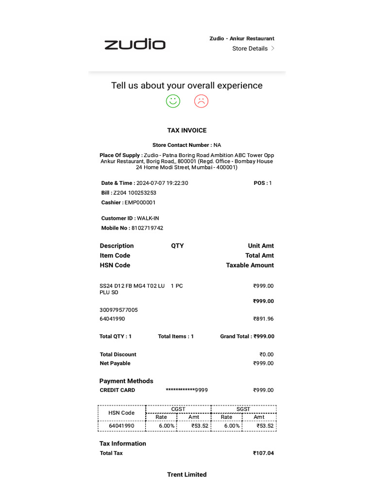 Zudio Patna Purchase Invoice Pdf