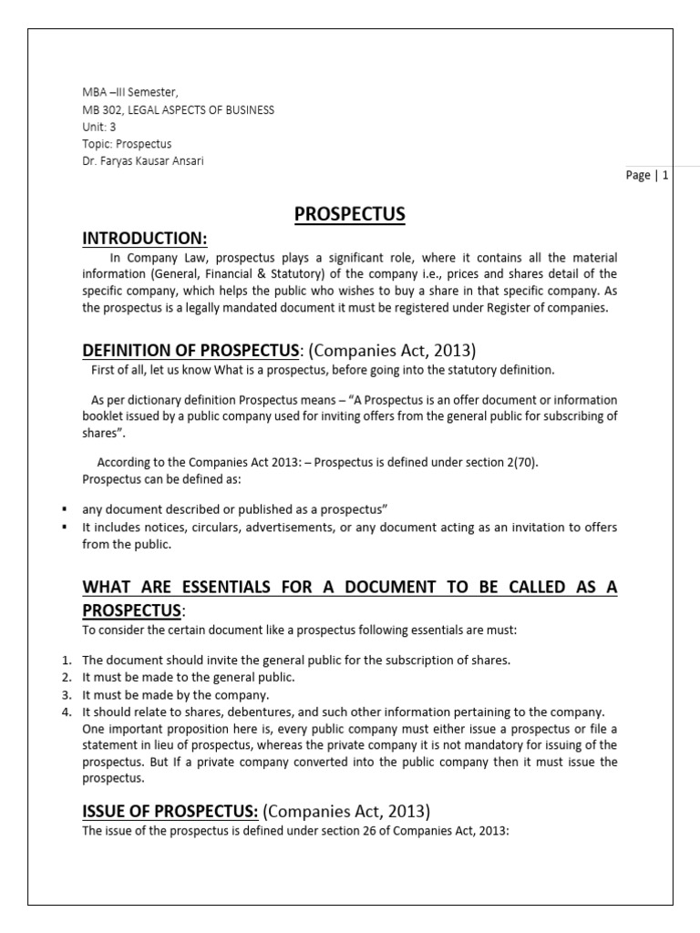 Prospectus Its Contents and Types | PDF | Prospectus (Finance ...