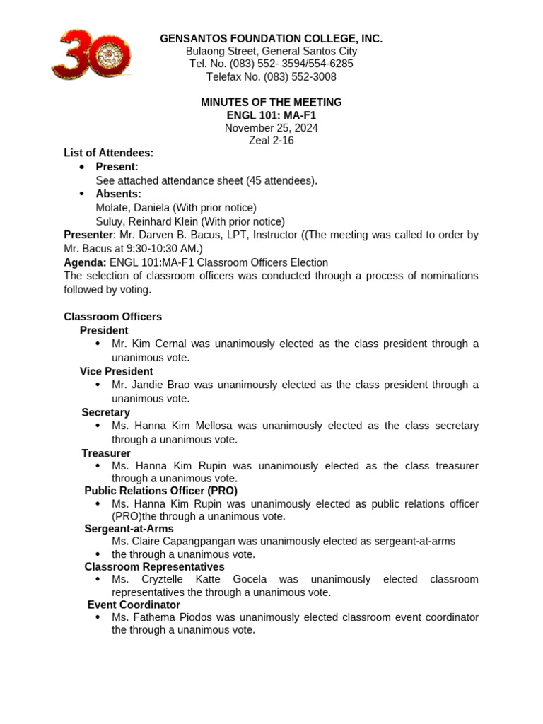 Minutes of The Meeting Simulation and Example | PDF