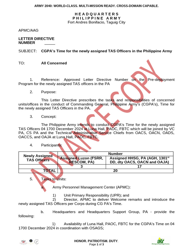 CGPA's Time for Newly Assigned TAS Officers | PDF | Military Units And Formations | Military ...