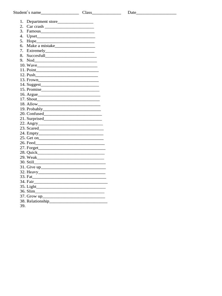 A1 Vocabulary List for Students | PDF