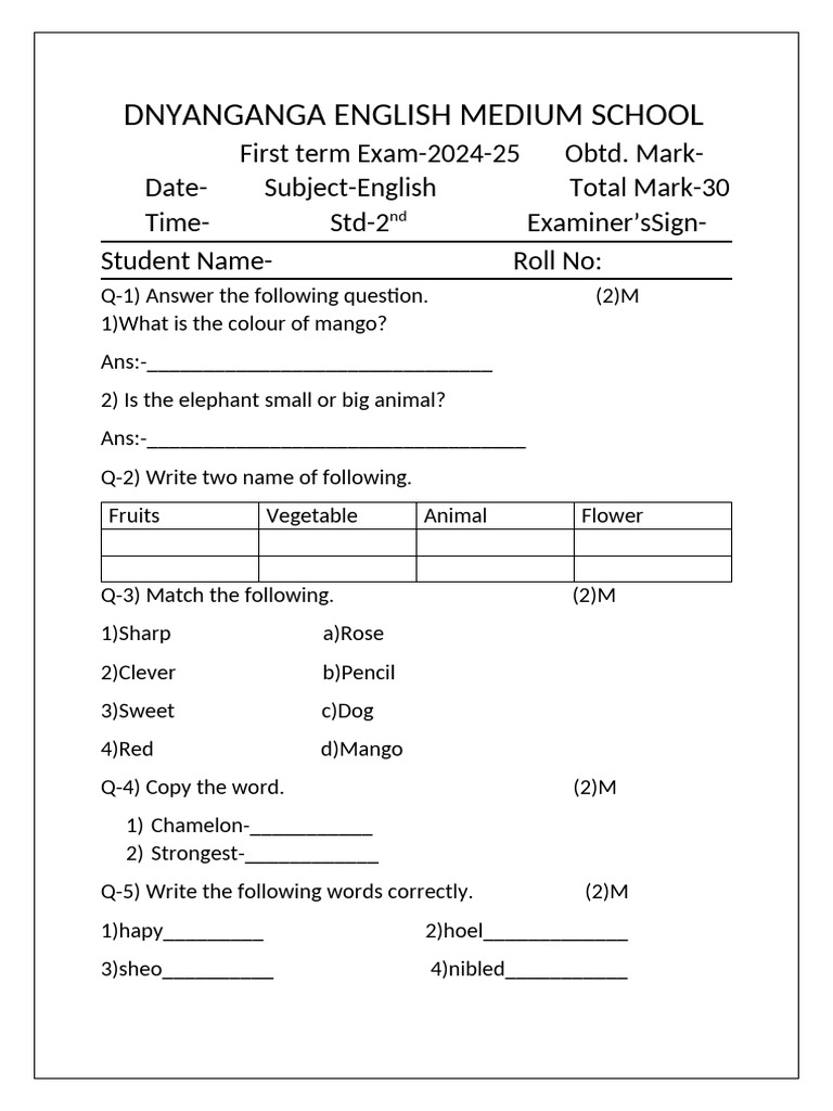 2nd English Term Exam | PDF