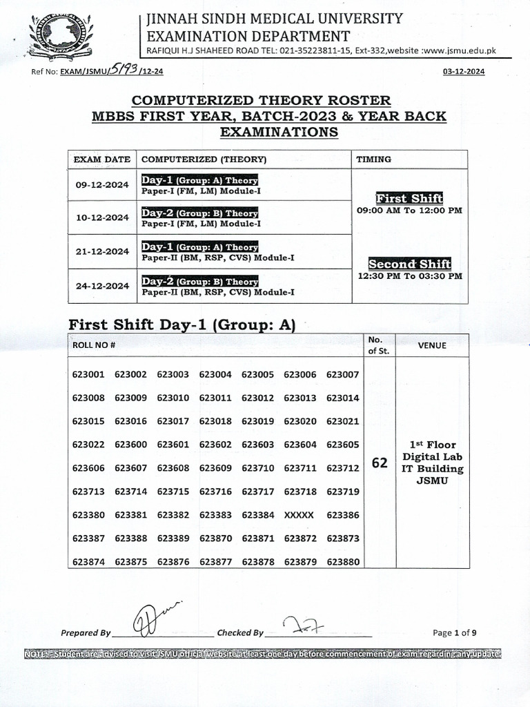 Computerized Theory Roster Mbbs First Yaer, Batch | PDF