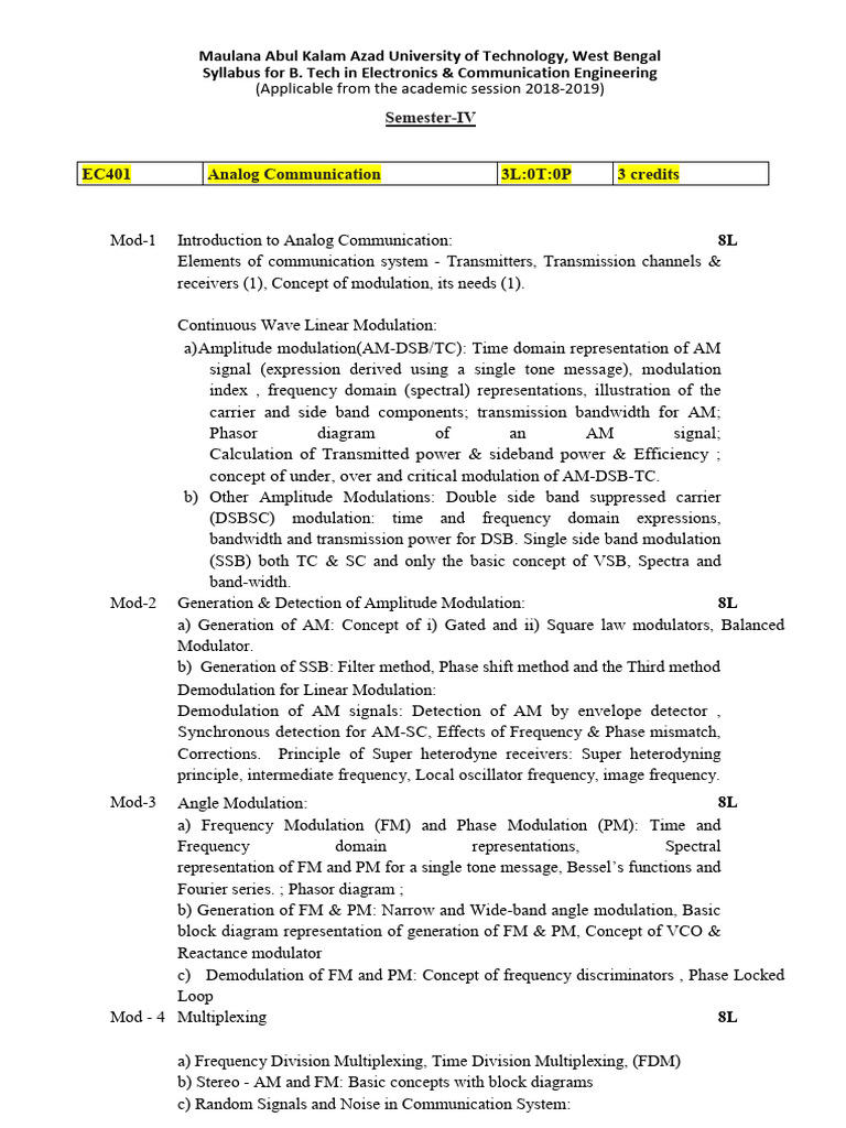 Analog Communication Syllabus | PDF | Frequency Modulation | Modulation