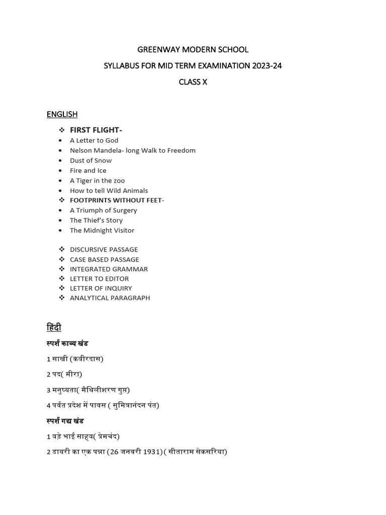 Class X Mid Term Exam Syllabus 2023-24 | PDF | Equations | Mathematics