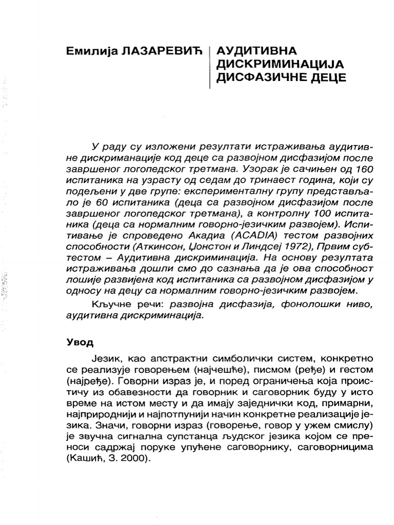 Auditivna Diskriminacija Kaj Deca So Disfazija | PDF