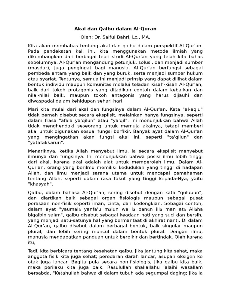 Akal Dan Qalbu Dalam Al Quran (Dr. Saiful Bahri) | PDF