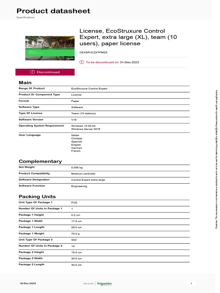 Schneider Electric EcoStruxure Control Expert Unity Pro CEXSPUCZXTPMZZ ...