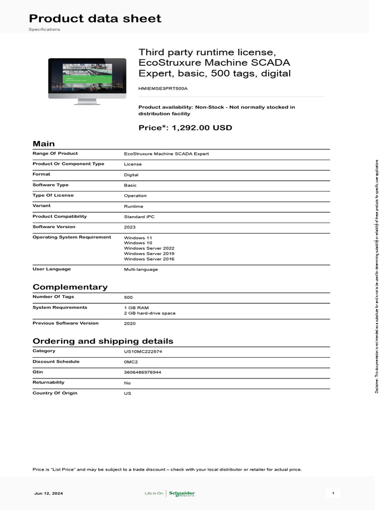 Schneider Electric EcoStruxure Machine SCADA Expert HMIEMSE3PRT500A ...