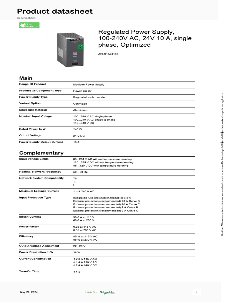 Schneider Electric Power Supplies for Industrial Use Rail Mounting ABLS1A24100 | PDF | Power ...