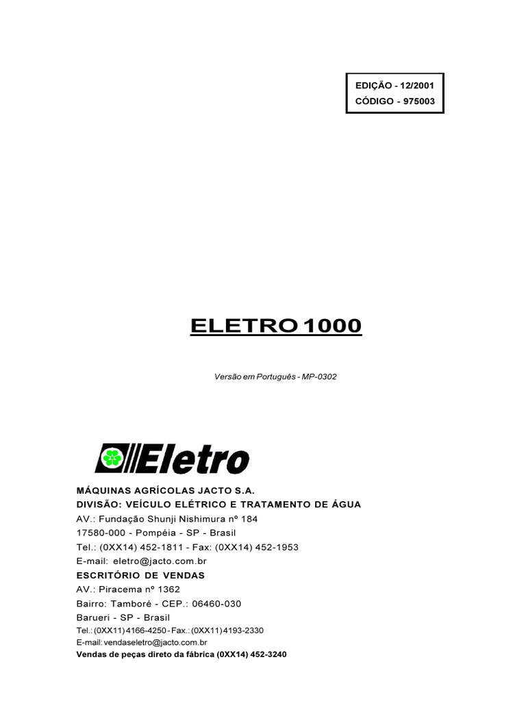 JACTO Manual Do Proprietario ELETRO 1000 | PDF | Pneu | Transmissão de energia elétrica
