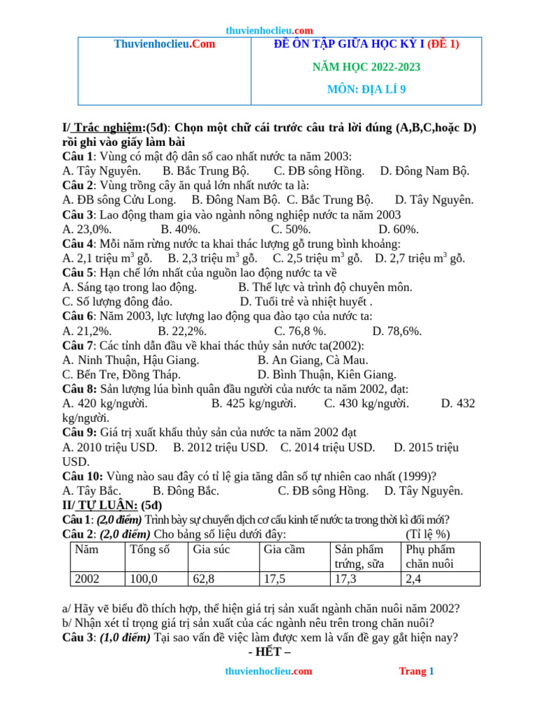 Thuvienhoclieu.com Bo de on Tap Giua HK1 Mon DIA 9 Nam 2022 2023 | PDF
