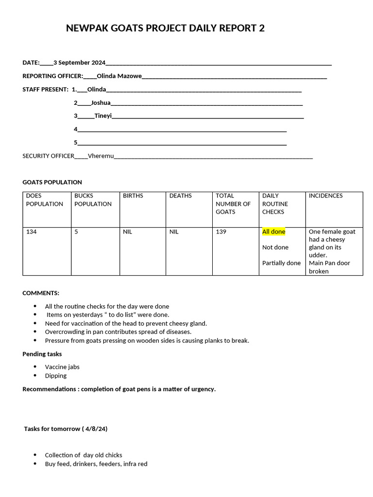 Newpak Goats Project Daily Report 2 | PDF