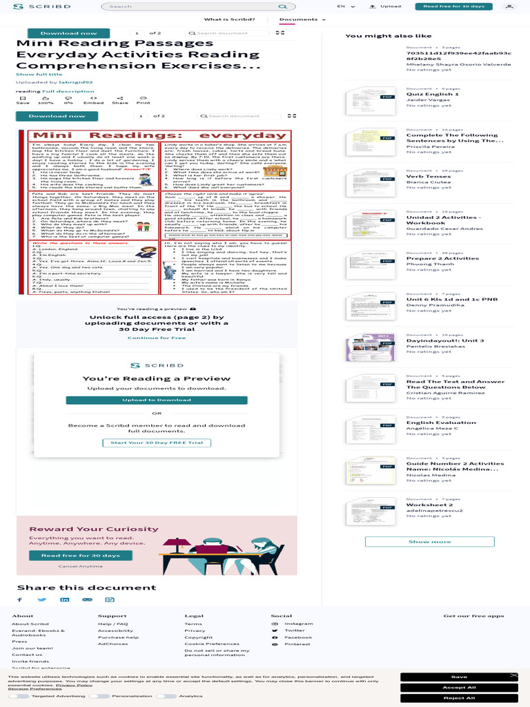 Mini Reading Passages Everyday Activities Reading Comprehension ...