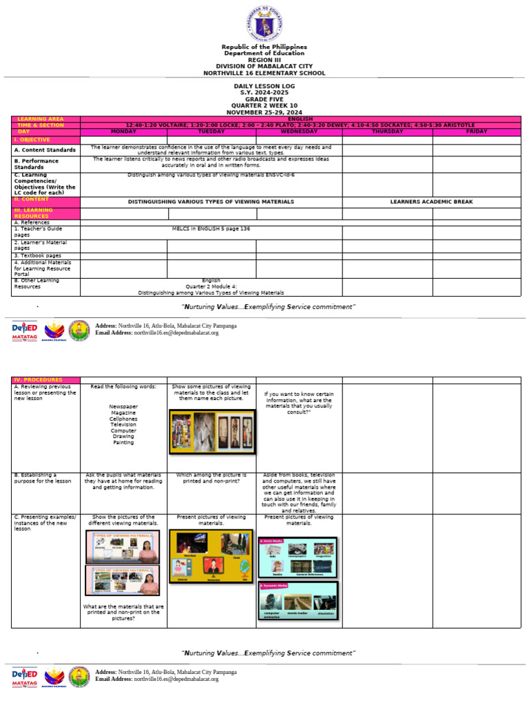 Grade 5 English Lesson Plan WK10 2025 | PDF | Learning | Human ...