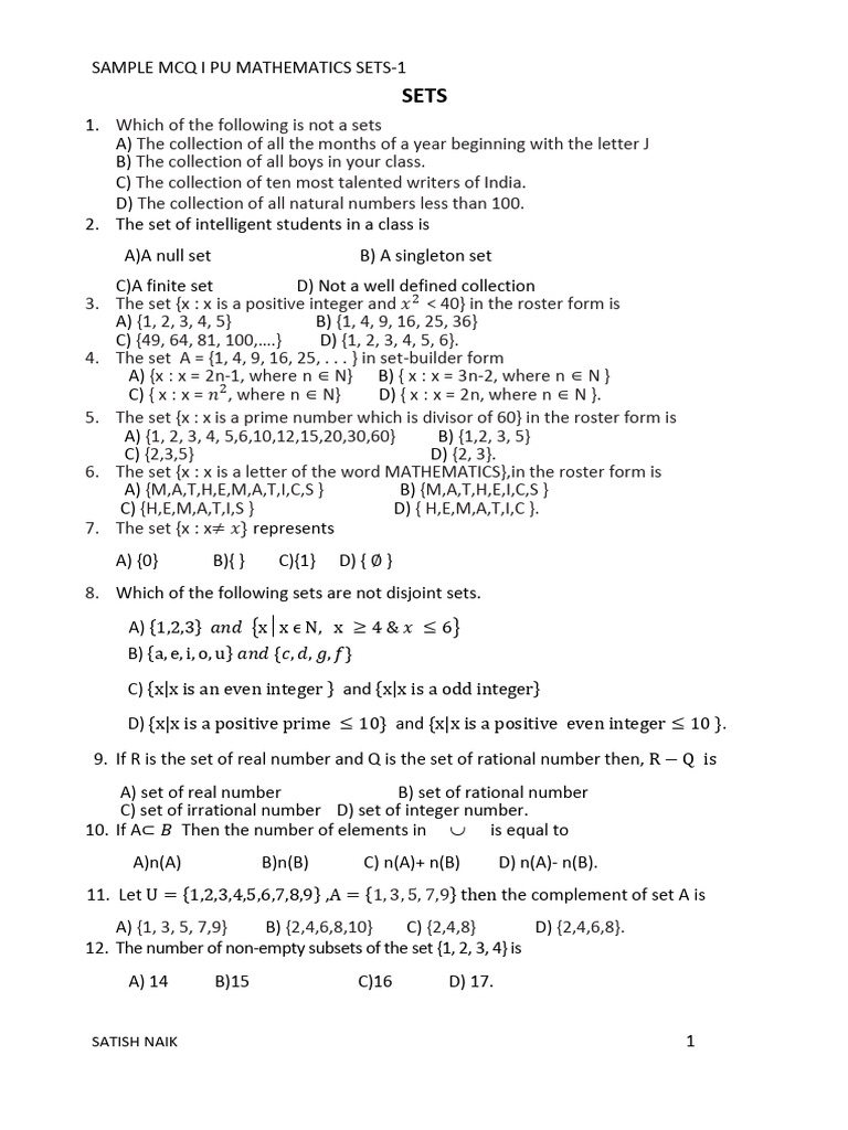 1st Puc Maths Mcqs Bank 2023 | PDF | Set (Mathematics) | Minute And ...