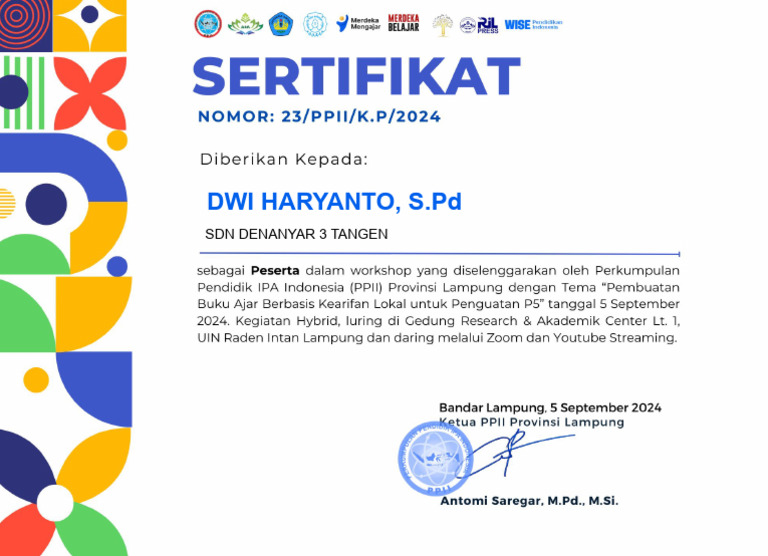 Sertifikat DWI HARYANTO, S.PD Peserta PPII Lampung 5 September 2024 | PDF