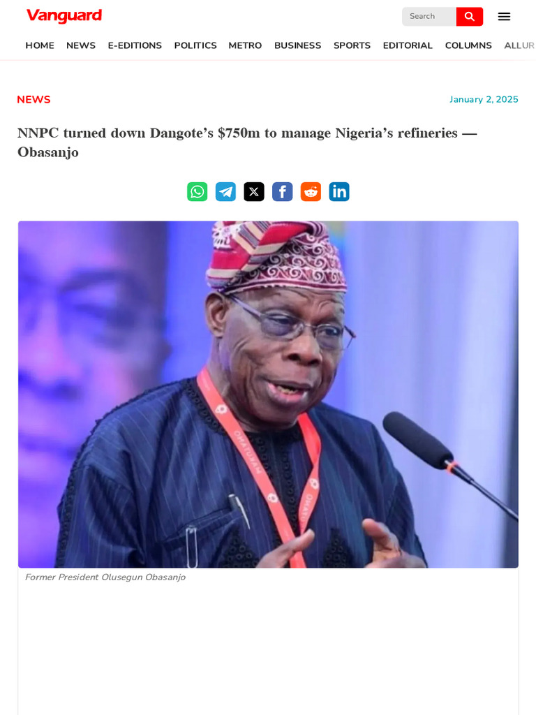 NNPC Turned Down Dangote's $750m To Manage Nigeria's Refineries - Obasanjo | PDF
