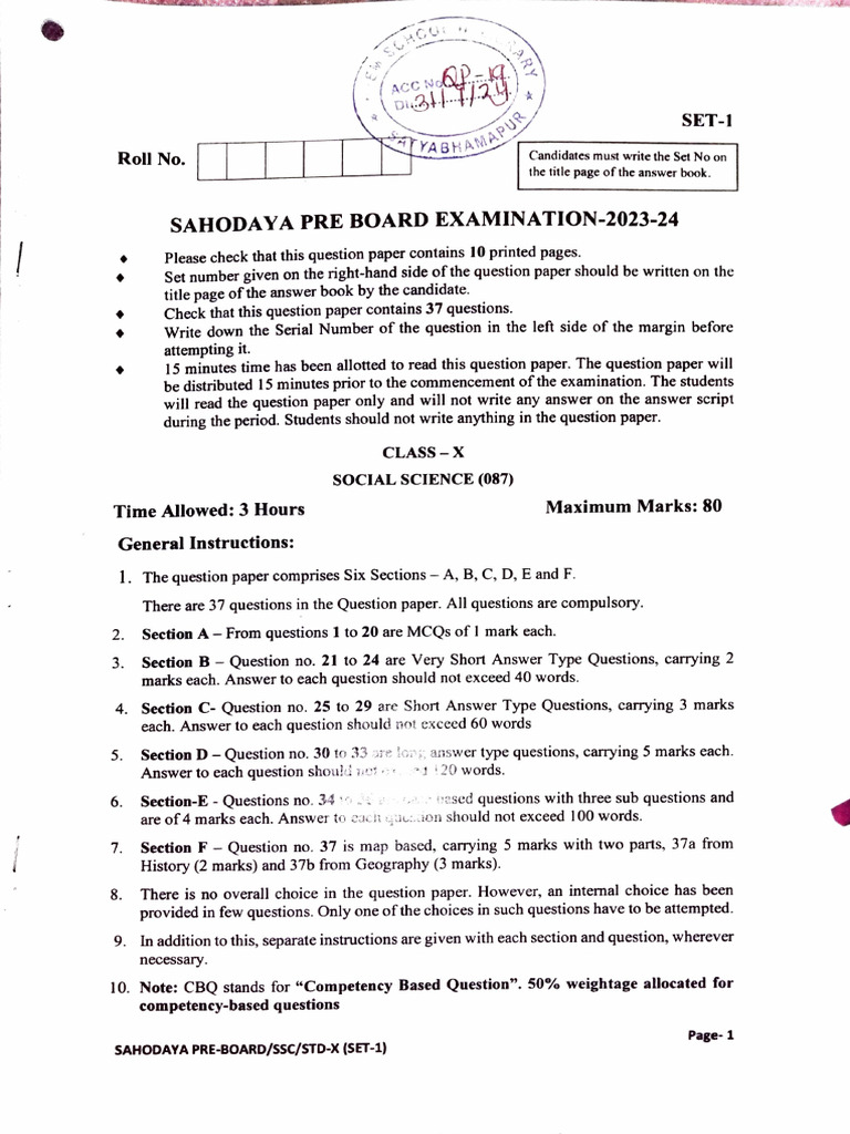 Sahodaya Pre Board Pyq Social Science | PDF