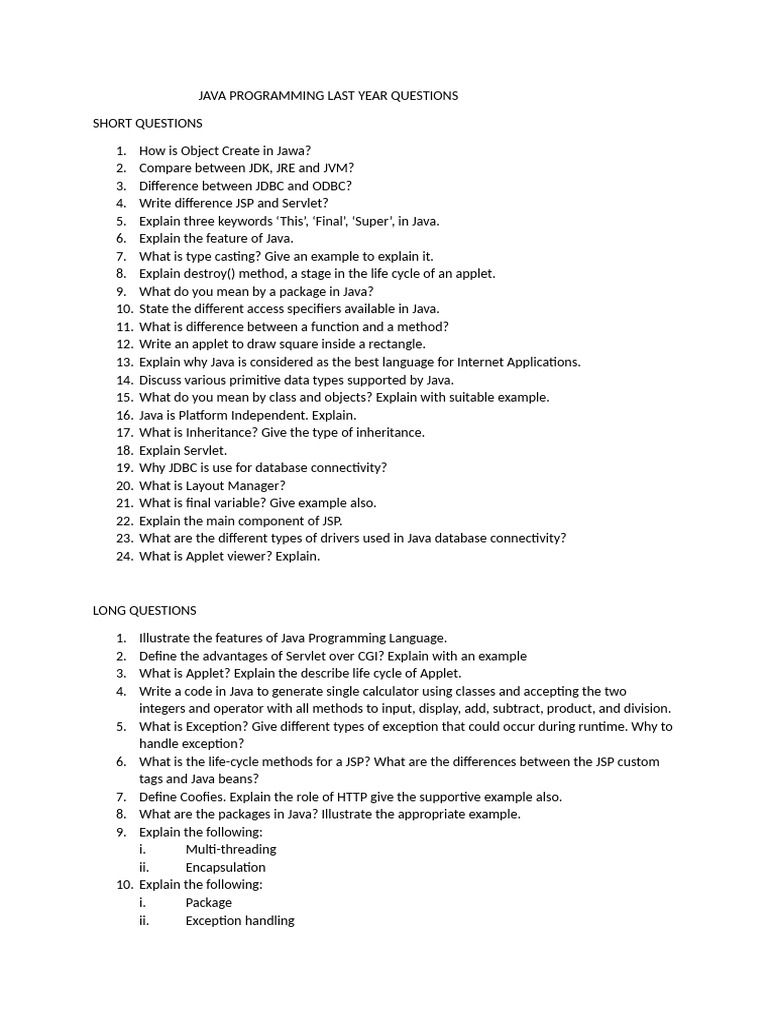Last Year Java Exam Questions | PDF | Java (Programming Language) | Object Oriented Programming