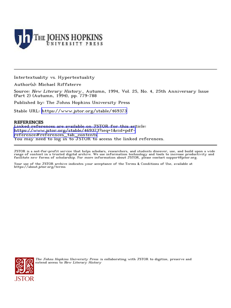 Riffaterre IntertextualityvsHypertextuality 1994 | PDF | Intertextuality