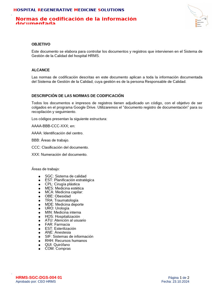 HRMS-SGC-DGS-004 01 Normas de Codificación de La Información Documentada | PDF | Hospital