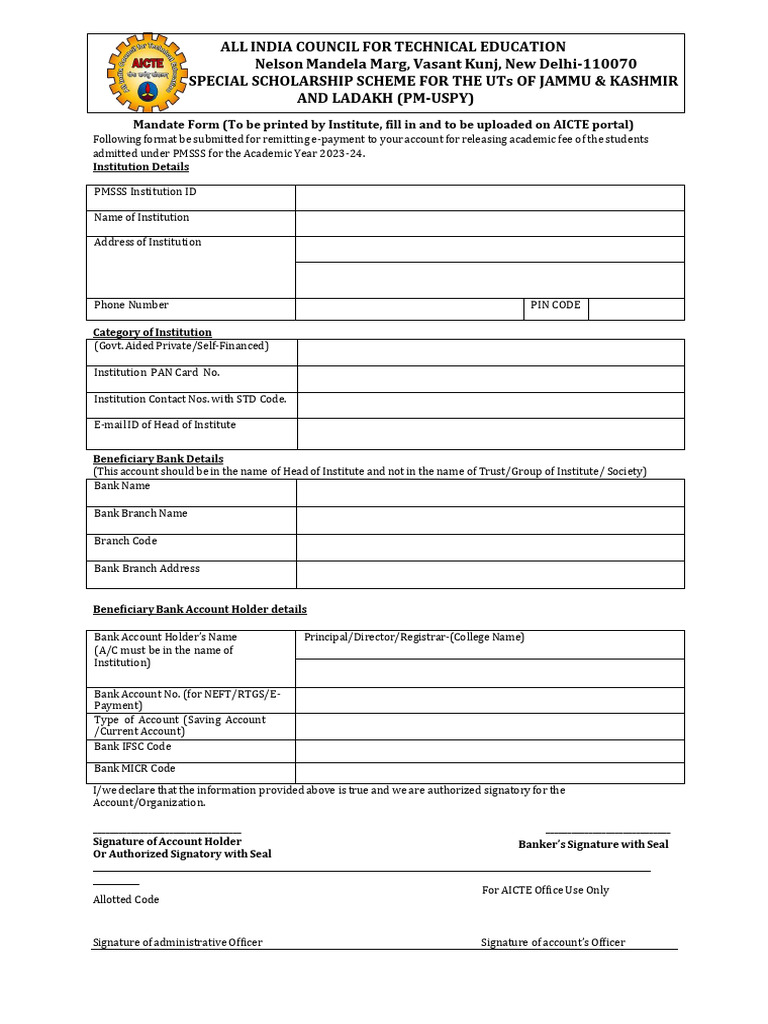 Mandate Form For Institute - 2023-2024 | PDF