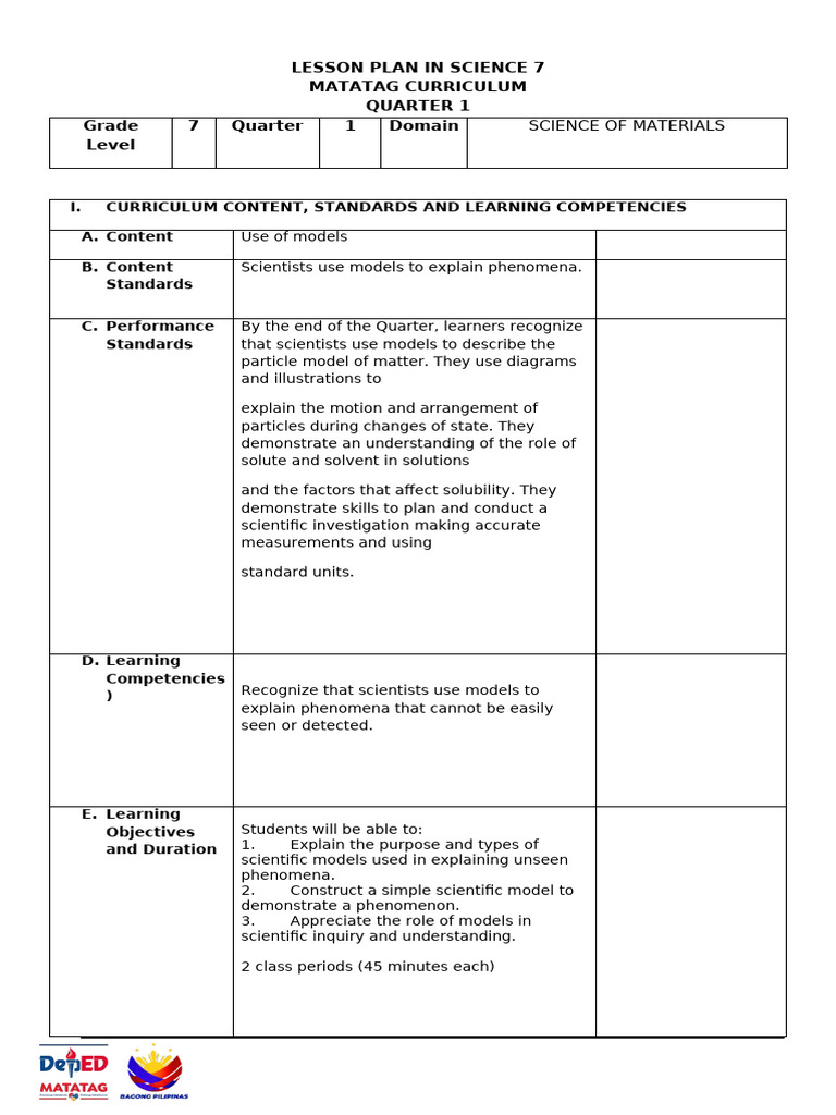 LC 1 - Science 7 Lesson Plan 1 Matatag Curriculum | PDF | Conceptual ...