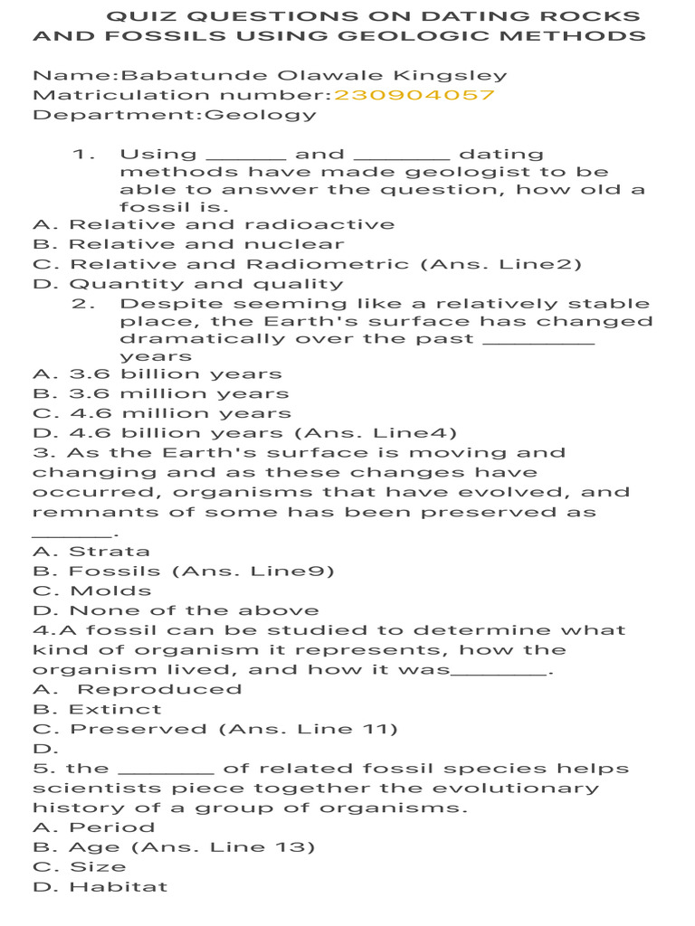 Quiz Questions on Dating Rocks and Fossils Using Geologic Methods | PDF ...