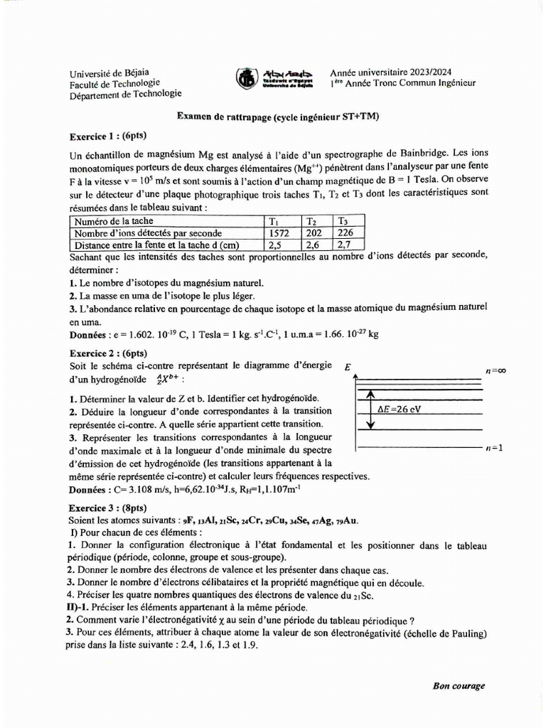 Corrigé Rattrapage Structure de La Matiere - ING - 23-24 | PDF