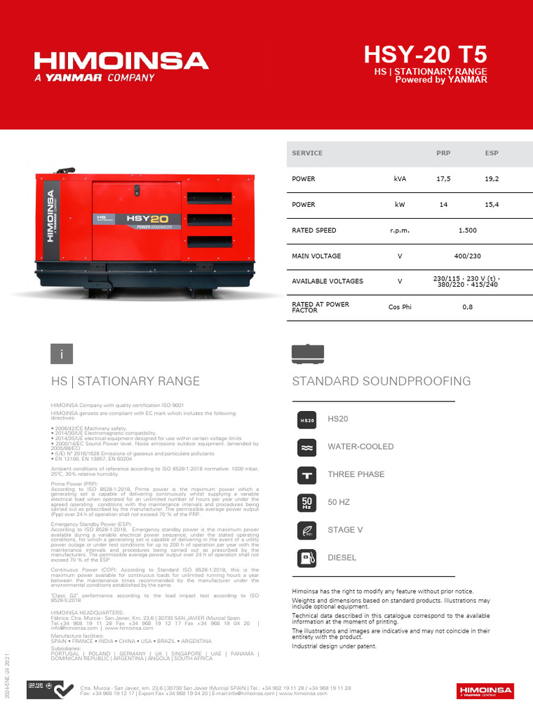 HSY 20 T5 (YANMAR 4TNV88BIHR) (Standard Soundproofing HS20) (MECC ALTE) (Data Sheet) EN | PDF ...