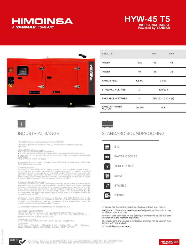 Generator Set Data Sheet Hyw 45 t5 Soundproof English | PDF | Mains Electricity | Diesel Engine