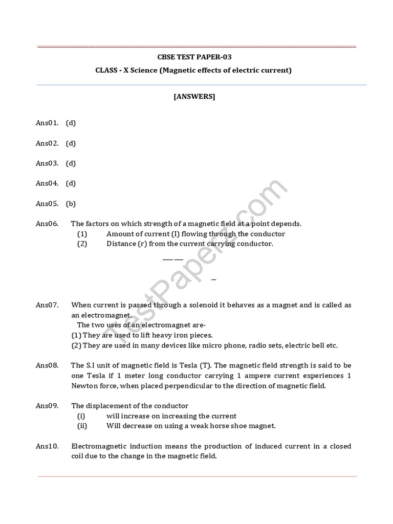 Magnetic Effects of Current Imp Questions Paper 3 Solutions | PDF | Magnetic Field ...
